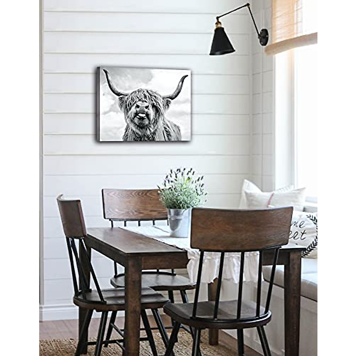 Highland Cow Canvas Print Black and White Highland Cow Wall Art Farmhouse Wall Decor Longhorn Highland Cattle Picture Stretched and Framed Ready to Hang for Living Room Bathroom Decor 12x16inch for fengyuyi