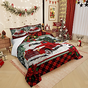 Homewish Christmas Truck Comforter Set Queen Size Kids Girls Boys Red Plaid Decor Pine Tree Bedding Set 3pcs Winter Snow View Quilt Set Happy New Year Gifts Duvet Insert with 2 Pillowcases