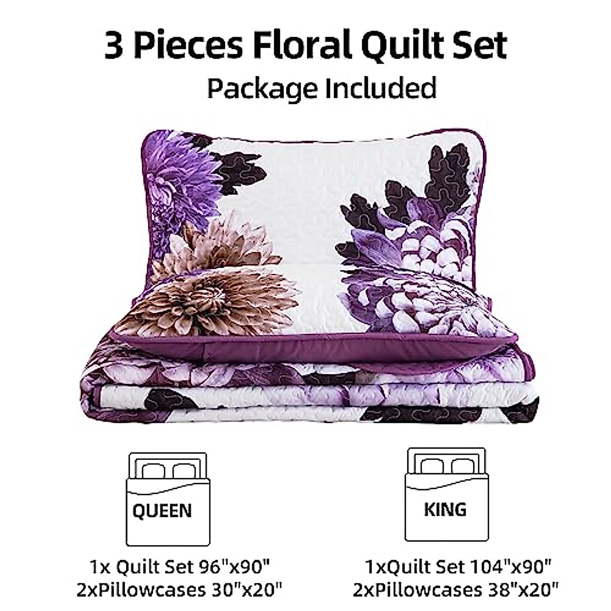 Dintszyayue Floral Quilt Set King Size, 3 Pieces Purple Flower Quilt Coverlet Set with 2 Pillowcases Lightweight Microfiber Bedspread All Season King 104"x90"