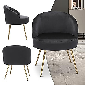 MoNiBloom Upholstered Velvet Accent Chair Girl's Black Vanity Chair, Mid-Century Modern Barrel Chair w/Golden Metal Legs, Retro Leisure Reading Comfy Lounge Chair for Living Room Bedroom