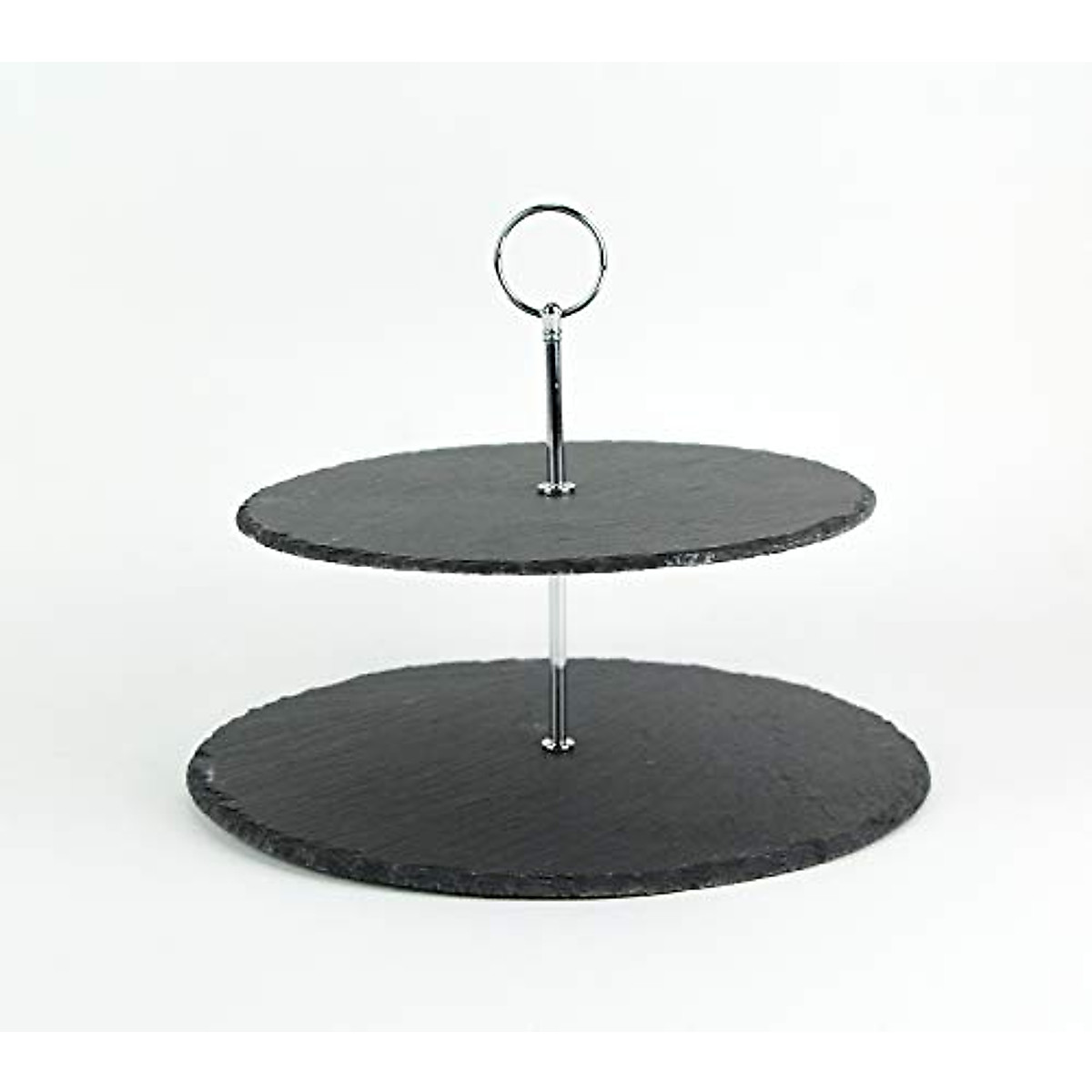 Two-Tier Round Slate Stone and Chromed Metal Country Farmhouse Serving Tray Kitchen Décor 11.75 Inch Diameter