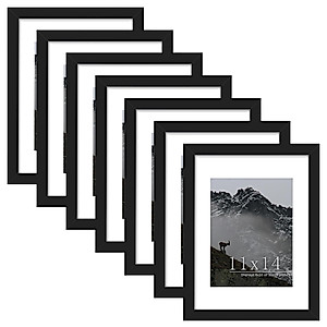 Picrit 11x14 Picture Frame Set of 7, Display 8 x 10 with Mat or 11 x 14 Without Mat, Photo Frames for Wall Mounting or Table Top Display, Black.