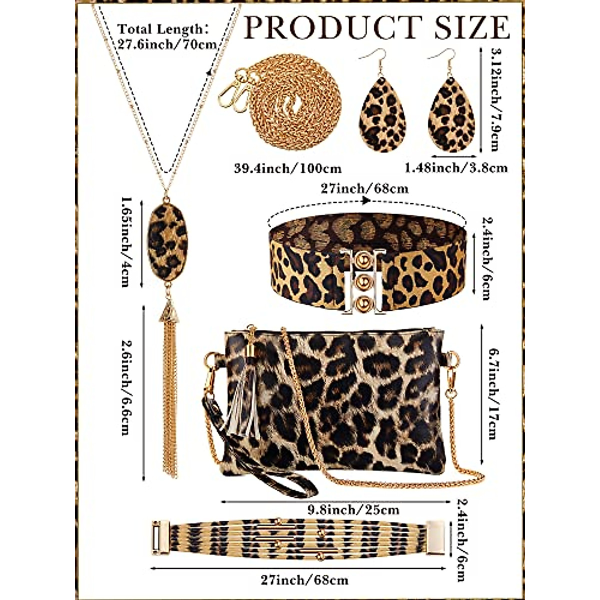 Junkin 6 Pcs Leopard Jewelry Gift Set for Women, Earrings Bracelets Multilayer Leather Cuff Clutch Purse Stretch Belt for Party Event(Leopard,Yellow, Black)