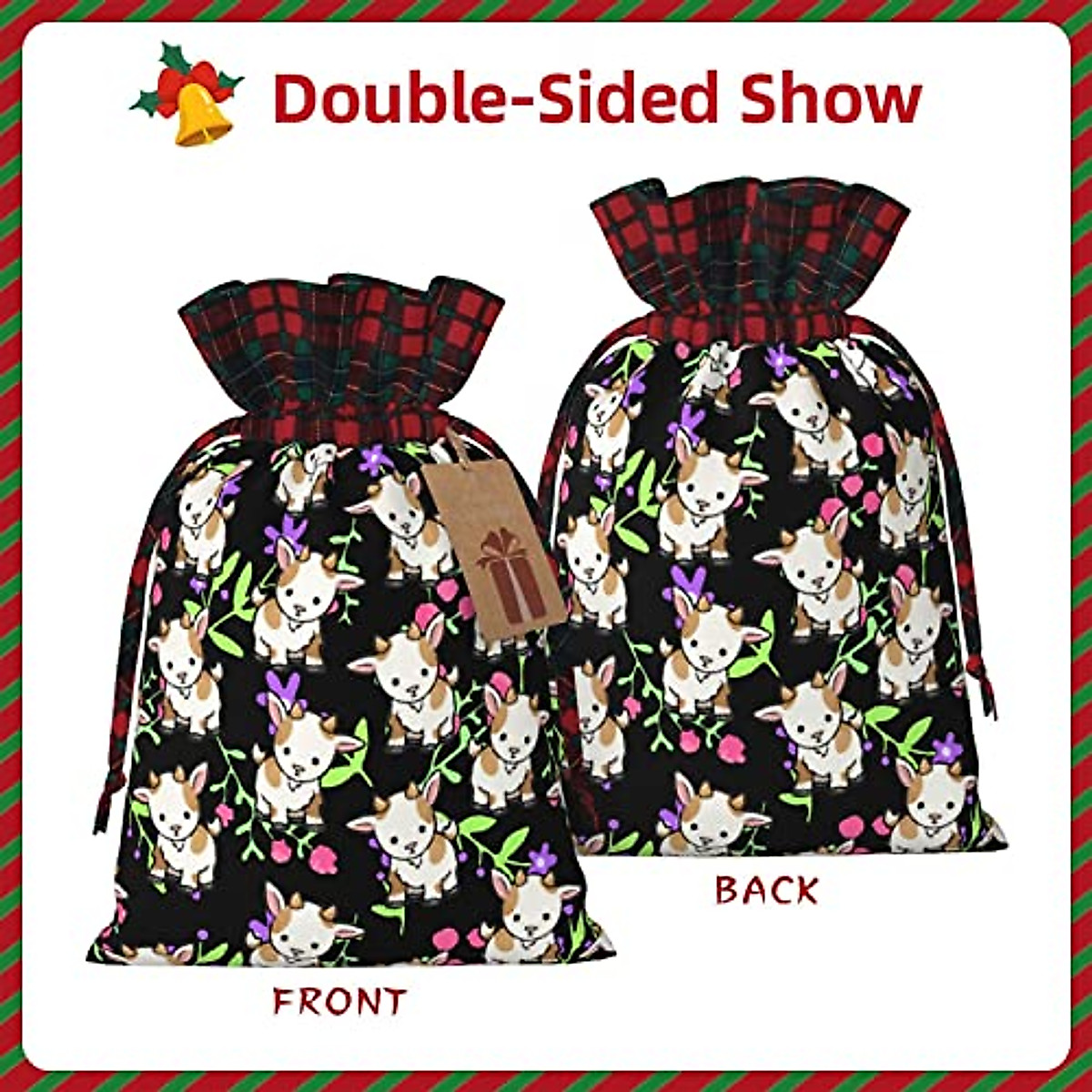 Christmas Drawstring Gift Bags Kawaii-Baby-Goats Buffalo Plaid Drawstring Bag Party Favors Bags