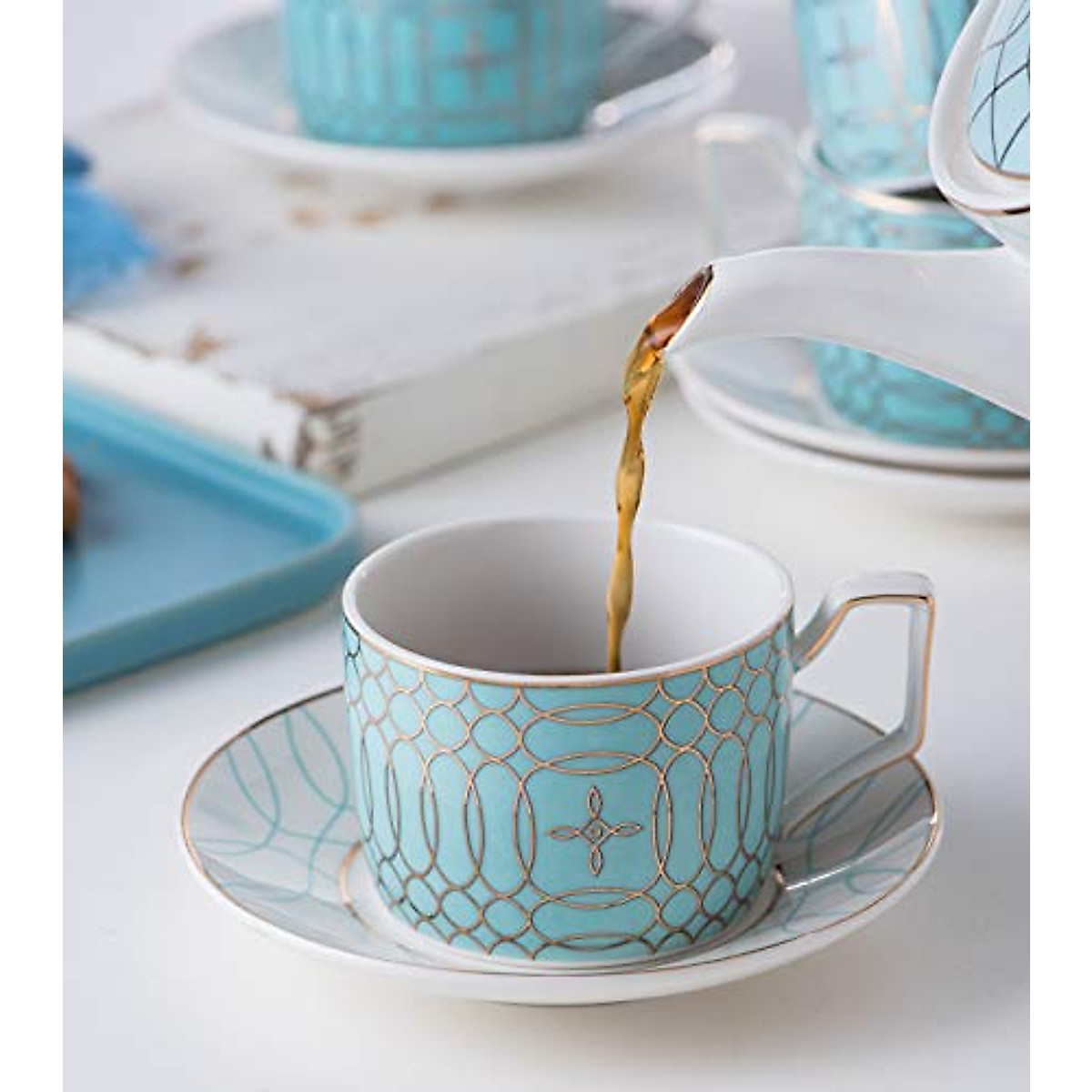 Jusalpha Porcelain Tea Set-Service of 4- Modern Elegant Mint Green Tea Cup and Saucer Set-Coffee Cup Set with Saucer and Spoon,TCS15 (4) (Blue)