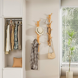 TIOPGHAD 2-Pack Wood-Wall-Mounted-Coat-Hooks, Bamboo Vertical Coats Rack Holder Hanger with 8 Hooks Entryway Hanging Wooden Racks for Hanging Jacket Coat Hat in Entryway Office Bathroom(Natural)