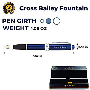 Cross Pen | Engraved/Personalized Cross Bailey Blue Lacquer Fountain Gift Pen - Chrome Trim AT0456-12MS. Custom Engraving Included.