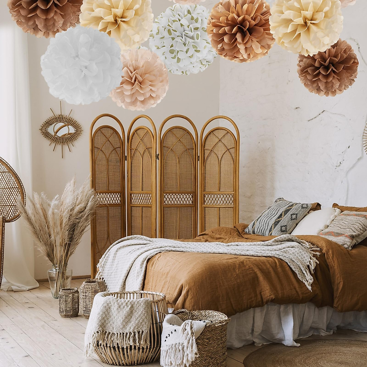 Boho Baby-Shower Party-Decorations Tissue Pom-Poms - 12pcs Neutral Rainbow Birthday Wedding Bridal Paper Flowers Streamers,White Brown Champagne Engagement Bachelorette Christmas Decor Ouruola