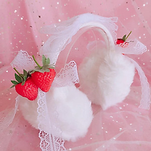 kaixinbukaixin Ear Muffs Cat Ear White Strawberry Black Lolita Cute Ear Muffs Winter Ear Warmers Faux Fur Outdoor Ear Covers,White Strawberry