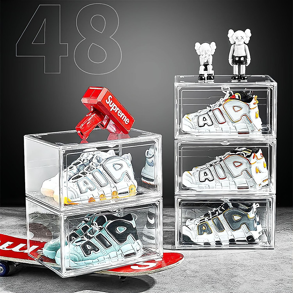 10 Pack Acrylic Ultra Clear Storage Sneaker Shoe Box Stackable Transparent Boxes, Magnetic Door Plastic Sneakerhead Professional Grade Display Case Boot Organizer, Fits US Size 15 Sneakers, Pack of 10