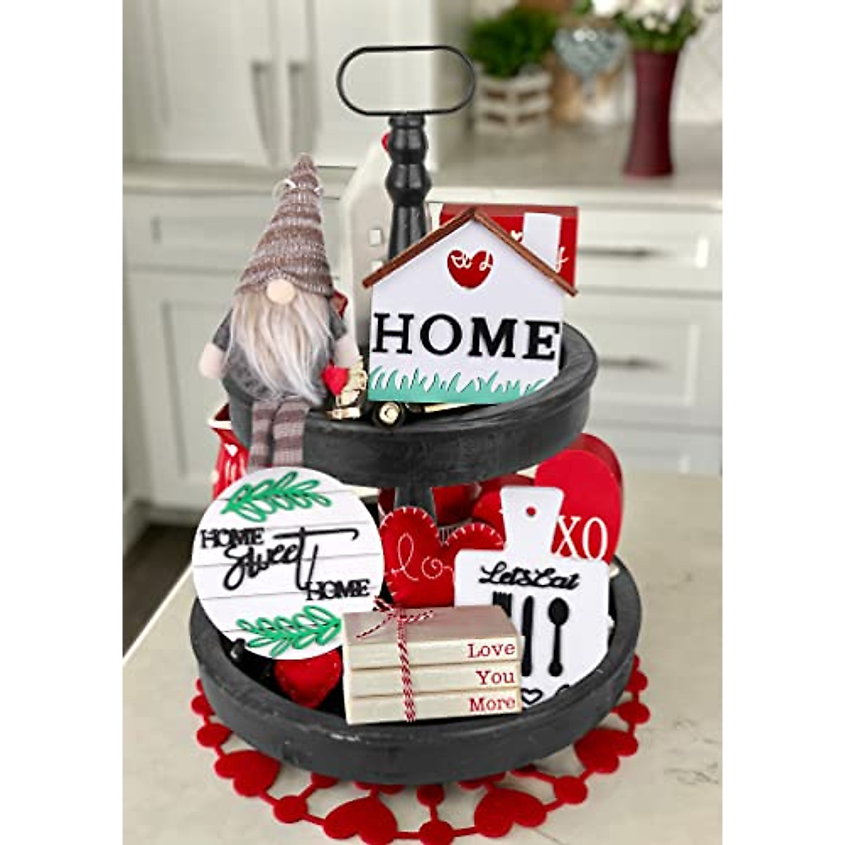 Two Tiered Tray Rustic Wooden Serving Tray Farmhouse Decor Tiered Tray Stand with Decorative Trays Sets Tiered Tray Decor Signs and Gonme Plush for Coffee Table Modern Home Decor or Cupcake Stand