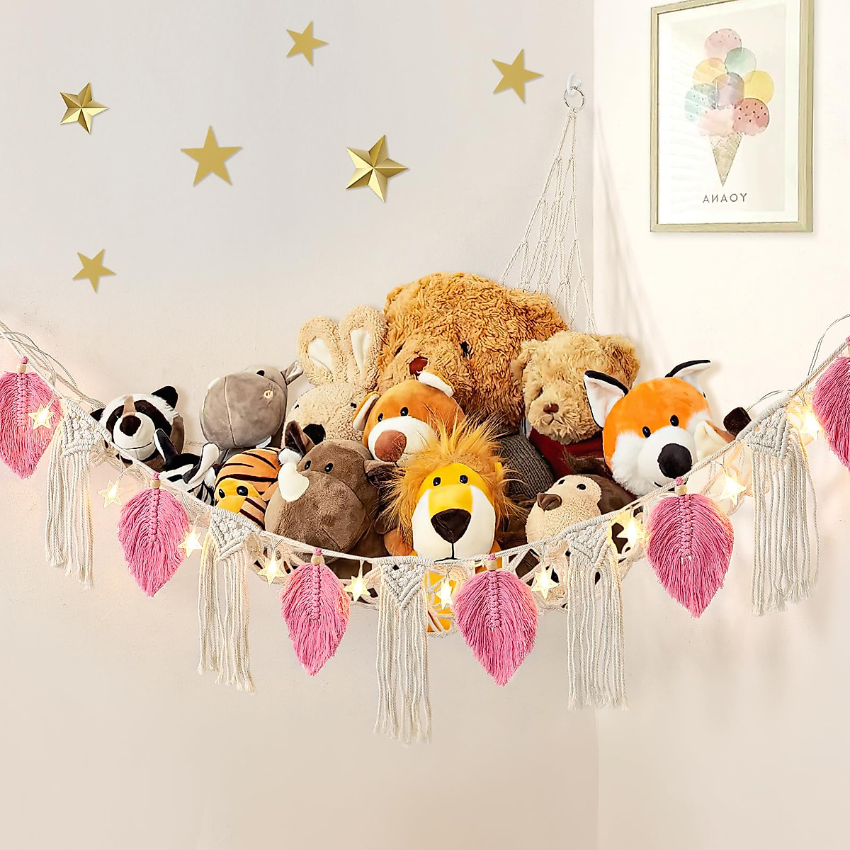 Dremisland Stuffed Animal Toy Net Hammock with Star Light Boho Leaf Macrame Tassel Corner Toy Organizer Bohemian Woven Decor Display Holder for Girls Room Nursery Kids Bedroom Play Room Decor (Pink)