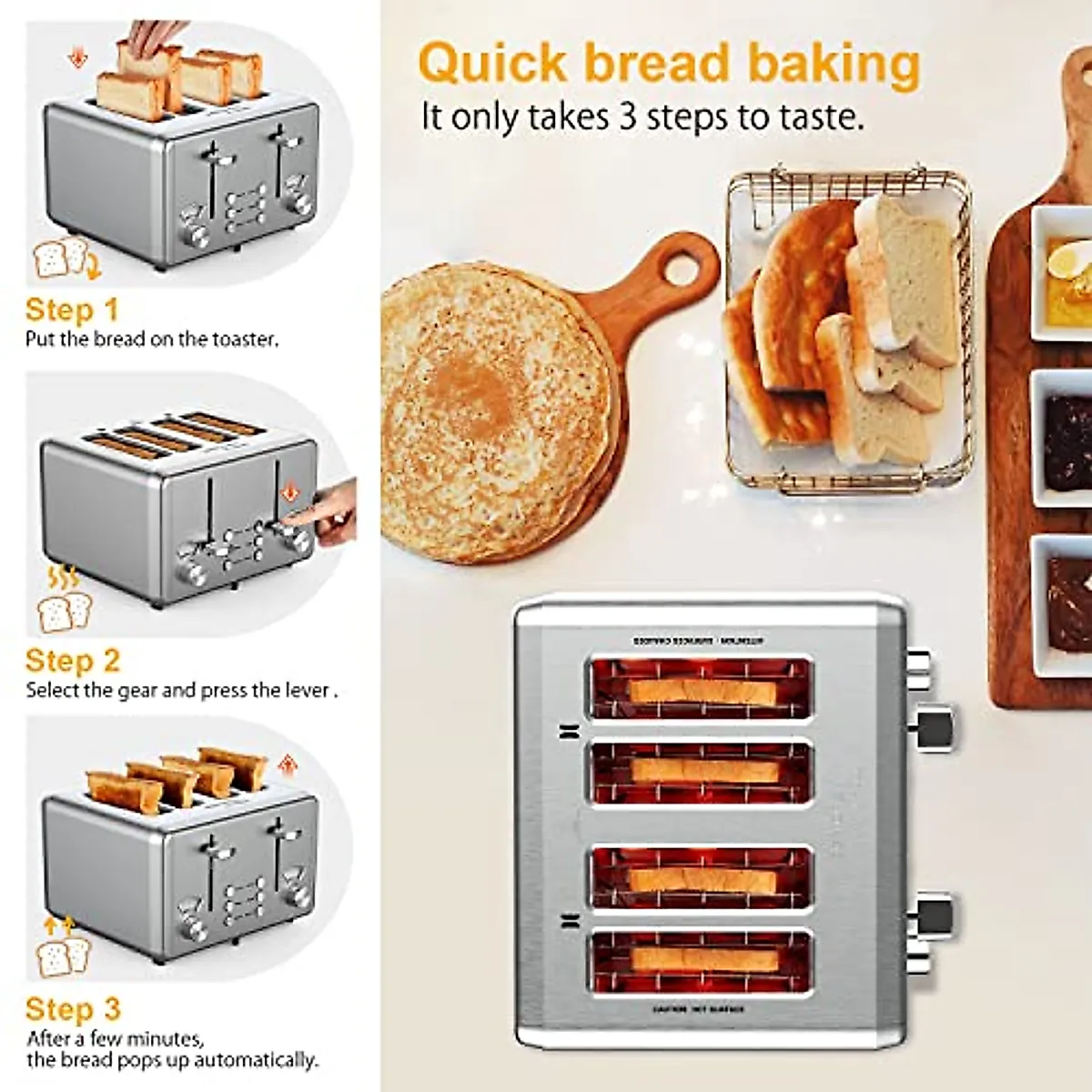4 Slice Toaster,whall Stainless Steel,Toaster-6 Bread Shade Settings,Bagel/Defrost/Cancel Function with Dual Control Panels,Extra Wide Slots,Removable Crumb Tray,for Various Bread Types 1500W