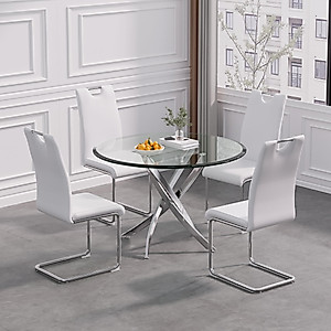 36" Round Dining Table for 4, Glass Kitchen & Dining Room Tables, Modern Circle Dining Room Table w/0.39" Tempered Glass Tabletop,Silver Finish Stainless Steel Legs for Dinner Small Space(No Chairs)
