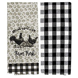 fillURbasket Decorative Buffalo Plaid Kitchen Towels Set of 8 Cute Summer Spring Dish Towels Lemons Bees Rooster Flour Sack Towels for Dish Hand Drying 100% Cotton 15”x25”