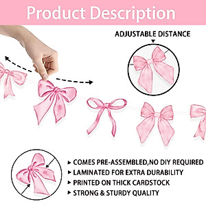 4 Pcs Pink Bow Party Decorations Banner, NO-DIY Coquette Birthday Decorations Garland, Girls Baby Shower Bow Birthday Decorations, Pink Bow Decor Banner for Bridal Shower Bachelorette Party Bow Party