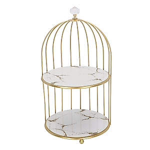Double Layer Storage Shelf, Glass Bottom Plate Wear Gold Frame Bird Cage Organizer Rack for Bathroom Countertop (White Base Gold Pattern)