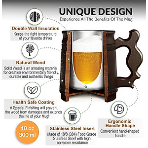 MyFancyCraft Gifts for Men Handmade Beer Mug Oak Wood Stainless Steel Cup Box Natural 0.3L 10oz Classic Brown