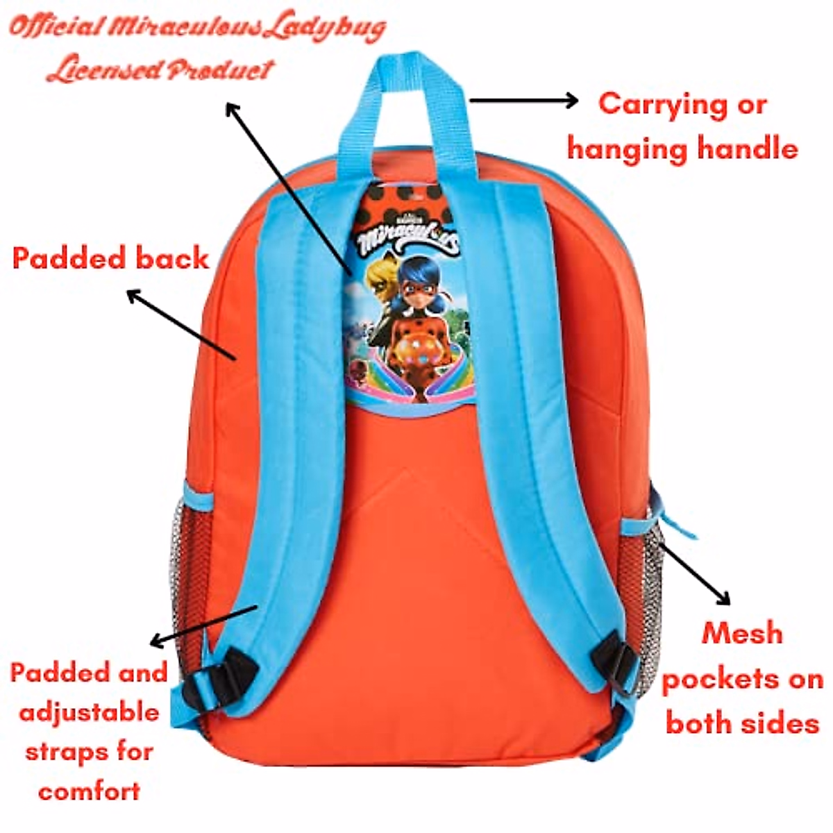 5 Pc. Miraculous Ladybug Girl Power “Be Yourself” Backpack Set for Girls, 16 inch with Miraculous Lunch Bag & Pencil Case