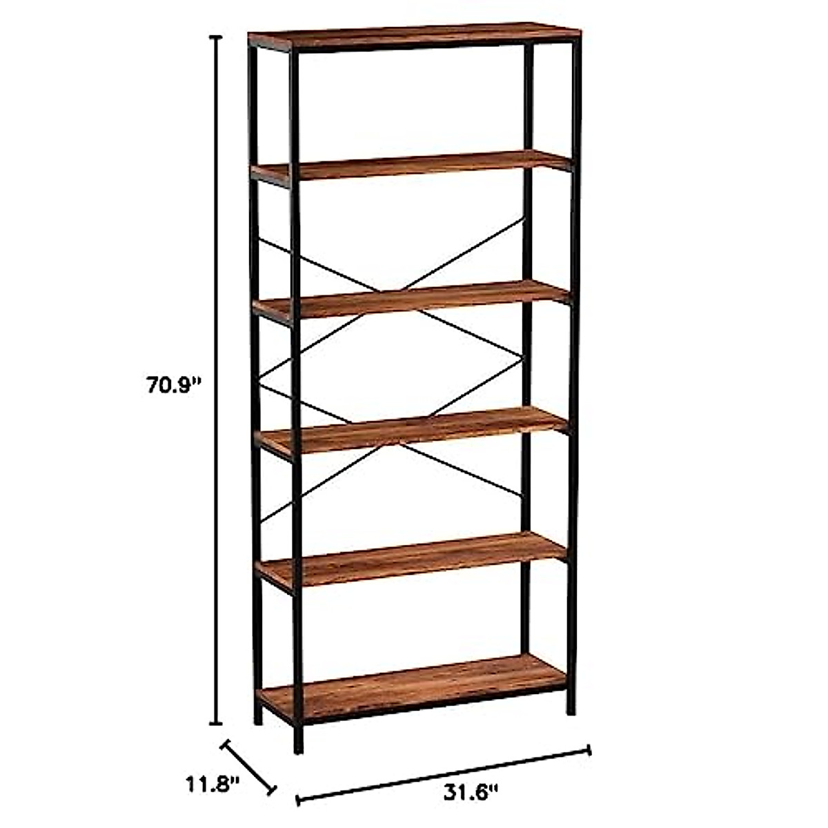 6 Tier Industrial Bookshelf 71" Tall Open Bookshelves and Bookcases Vintage Standing Storage Shelf Freestanding Display Shelf for Living Room Bedroom-Black Metal Frame & Wood(US Stock)
