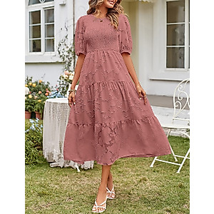 MEROKEETY Women's 2025 Summer Cute Bubble Sleeve Shirred Bohemian Dress Flowy Pleated Midi Long Dresses,Tearose,L