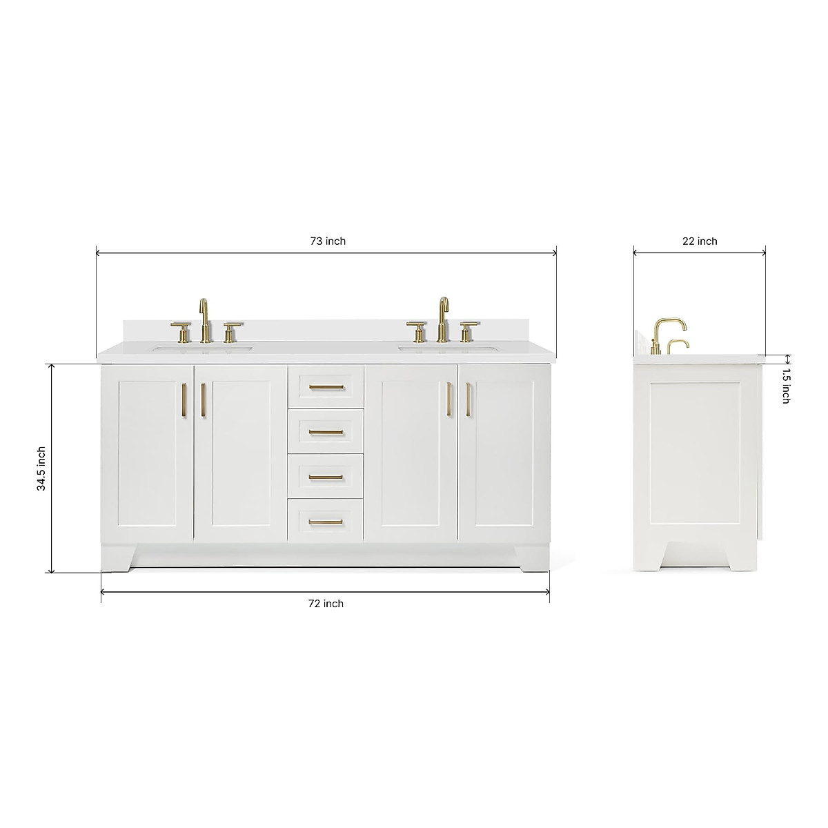 ARIEL 73" White Double Vanity, 1.5" Edge Pure White Quartz Countertop & Splash, Rectangular Sink, 4 Soft Closing Doors, 6 Full Extension Dovetail Drawers, Toe Kick, Satin Brass