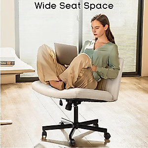 PUKAMI Criss Cross Chair with Wheels,Fabric Padded Armless Cross Legged Office Desk Chair for Home Office,Modern Swivel Height Adjustable Wide Seat Computer Task Vanity Chair (Beige)