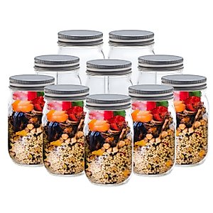 DISCOUNT PROMOS Mason Jars with Lids 16 oz. Set of 10, Bulk Pack - Glass Jars for Overnight Oats, Candies, Fruits, Pickles, Spices, Beverages - Clear Bottom Color