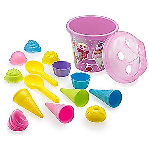 Top Race Ice Cream Sand Toys for Kids with Large 9" Bucket Pail and Spade Scoop Shovels - Kid Beach Toys | 16pcs (Pink) Ice Cream Playset for Kids Ages 1.5 - 9 | Great Ice Cream Sand Toy
