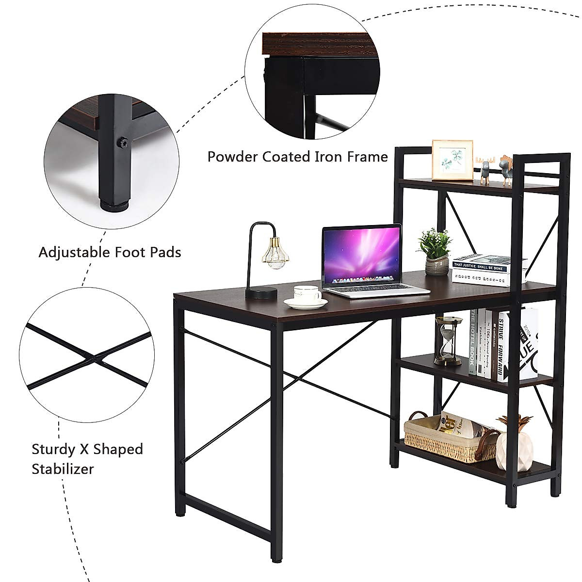 Tangkula Computer Desk with 4 Tier Shelves, Study Writing Table with Storage Bookshelves, Modern Compact Home Office Workstation, 47.5" Tower Desk with Steel Frame & Adjustable Feet Pad, Walnut