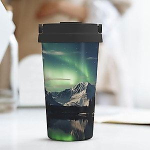 GTKSYNVE Reusable Coffee Mug with Lid and Handle, Northern Aurora Night Tumbler for Hot & Cold Drinks 16oz Stainless Steel Insulated Coffee Tumblers Double Wall Vacuum Thermal Cup