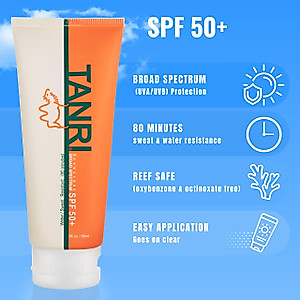 TANRI SPF50+ Reef Safe Sunscreen for Face and Body; Hydrating & Moisturizing Sunscreen Lotion; Water & Sweat Proof; Octinoxate & Oxybenzone Free; Broad Spectrum UVA/UVB Protection; (3 fl. oz.)