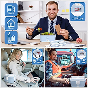 HerVive 1.8L Electric Lunch Box 60W Food Heated with Collapsible Water Bottle & Basket 12V/24V/110V Food Warmer for Car/Truck/Home 304 Stainless Steel, Durable and Leakproof (Blue + White)