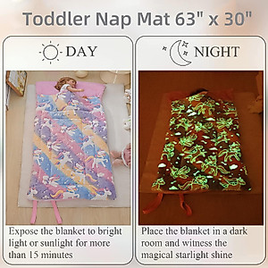 Sleeping Bag for Kids with Pillow Pocket, Toddler Nap Mat 63" x 30" Toddler Slumber Bag Glow in The Dark Blanket Fluffy with Padded Mat for Boys, Girls, Daycare, Preschool, Sleepover, Rainbow Unicorn