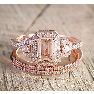 LRGKMCWTOB Gorgeous 18K Rose Gold Filled Morganite Ring Engagement Bridal Women Jewelry Set Size 6-10 (Size 8)