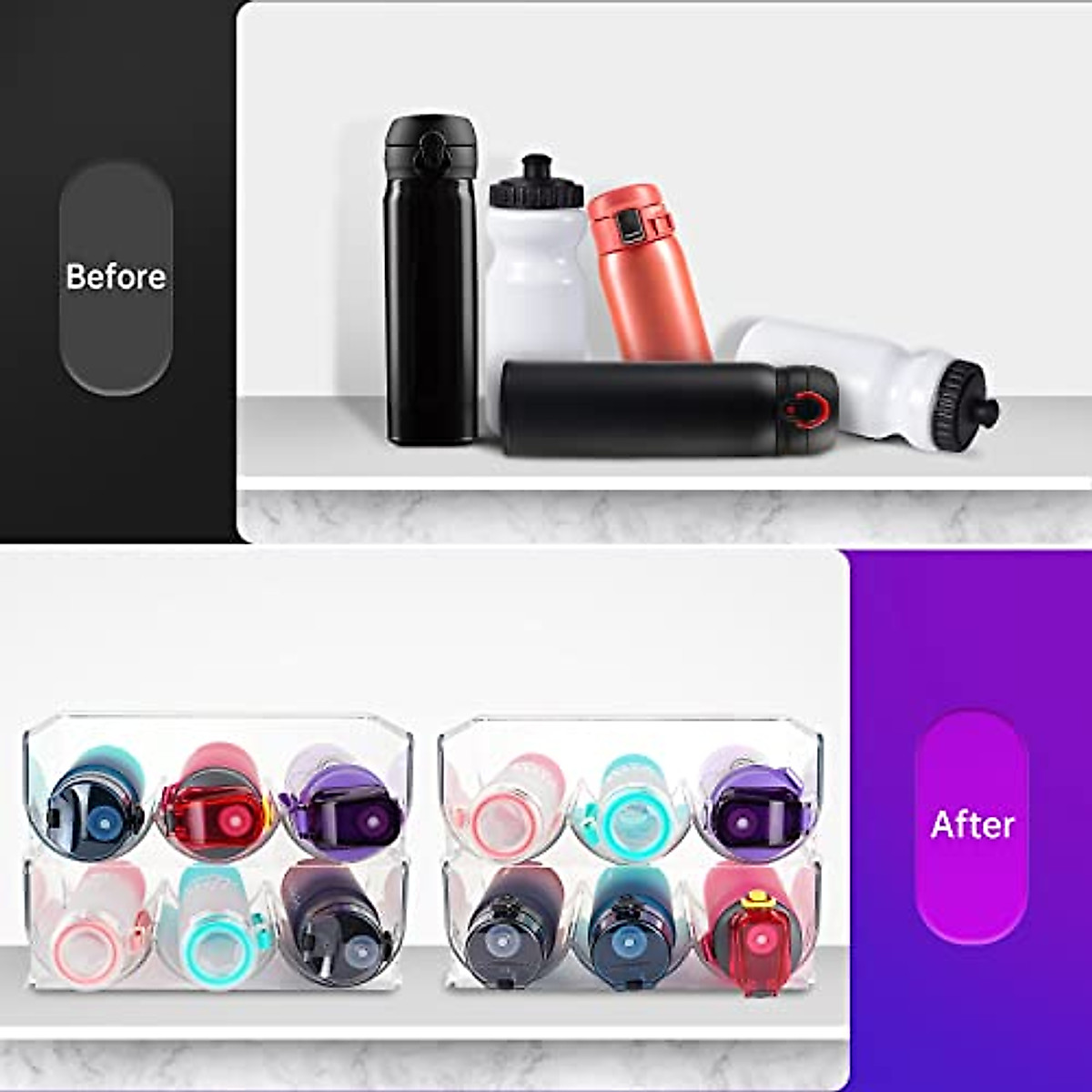 Stackable Water Bottle Organizer for Cabinet, Pantry, Freezer - Plastic Free-Standing Water Bottle and Wine Rack Storage Organizer for Kitchen Countertops, Fridge - Holds 3 Bottles Each (4 Pack)