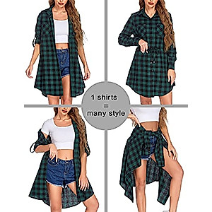 HOTOUCH Boyfriend Style Shirts Oversized Flannel Long Plaid Tops Tunics Green-Black Large