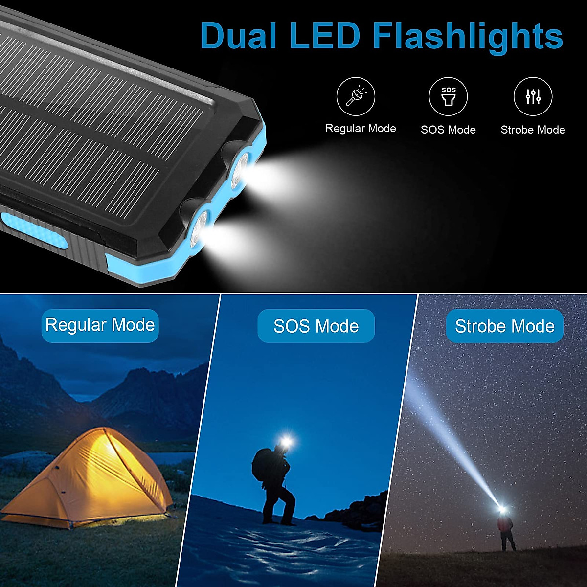 Annero Solar Charger, 38800mAh Power Bank, 15W Fast Charging Portable Phone Charger Waterproof External Battery Packs with Dual LED Flashlights, Compass for Outdoor Camping Travel