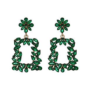 BriLove St.Patrick's Day Earrings Art Deco Sparkly Rhinestone Marquise Rectangle Flower Statement Dangle Earrings for Women Emerald Color Gold-Tone