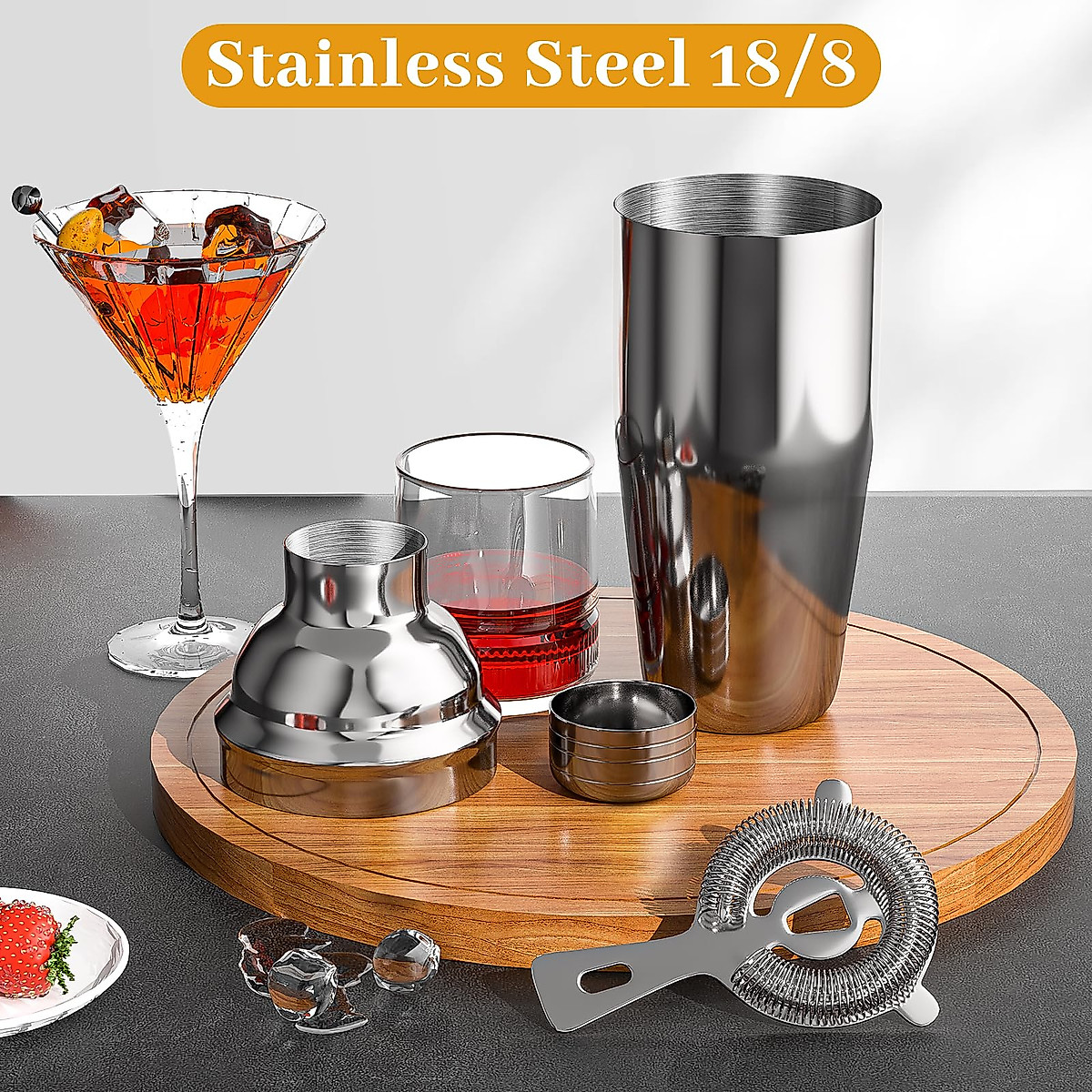 Vabaso Bartender Kit, Cocktail Shaker Set for Mixed Drink Home Bar, 25oz Professional 18/8 Stainless Steel Bar Tool Set with Cocktail Recipes Booklet, Father's Day Christmas White Elephant Gift Men