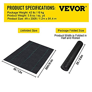 VEVOR Weed Barrier, 5.8oz Landscape Fabric, 4ft x 300ft Cover Mat Heavy Duty Woven Grass Control Geotextile for Garden, Patio, 4FT300FT-5.8OZ, Black