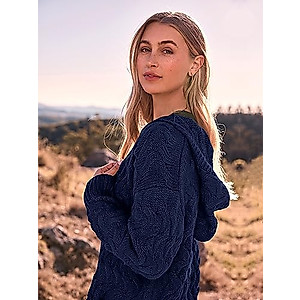 MASCOMODA Long Cable Knit Cardigans for Women 2024 Trendy Oversized Boyfriend Button Front Winter Sweater Coats with Pockets(Navy,Small)