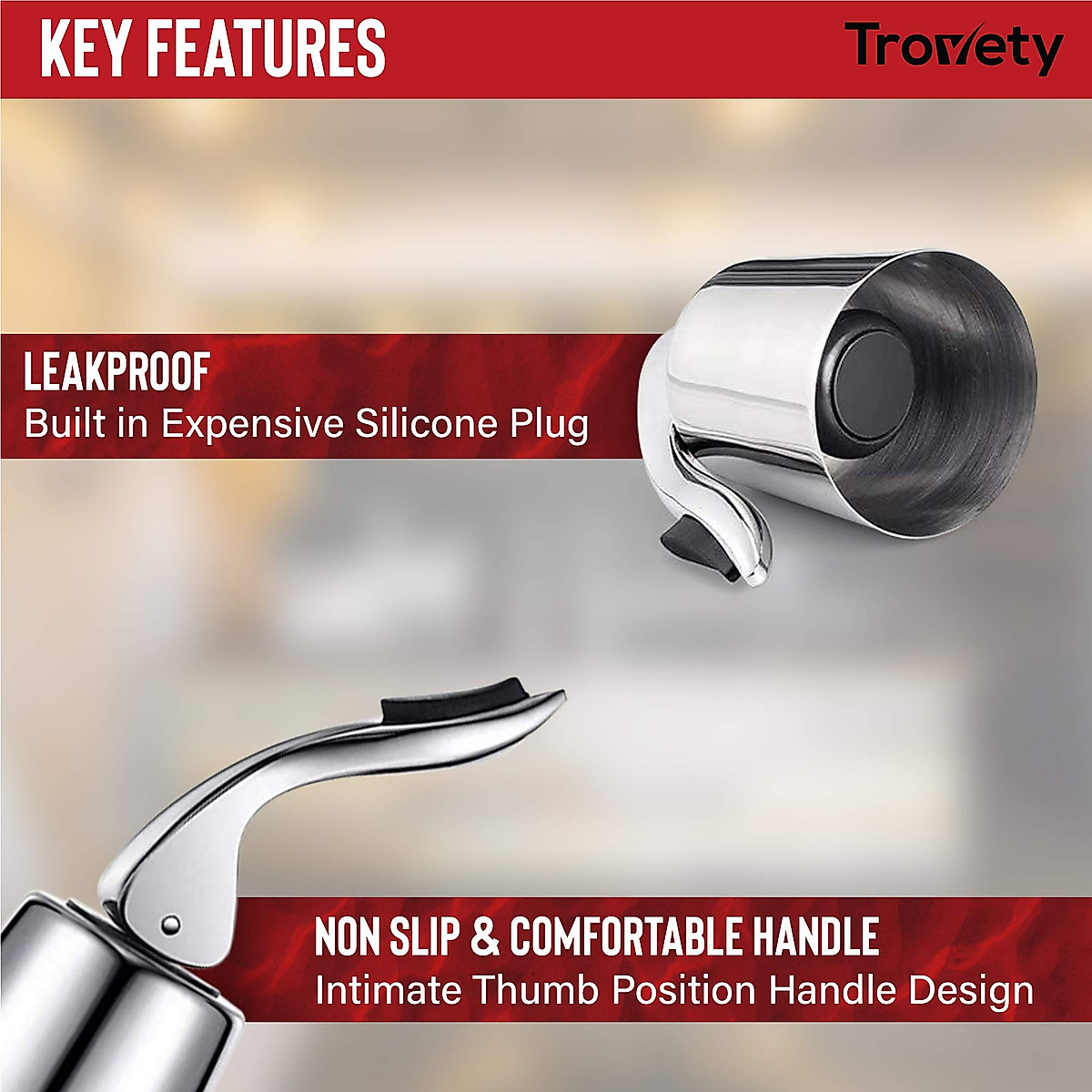 Trovety Wine Stopper Bottle Champagne Saver – Elegant Stainless Steel and Silicone Wine Saver Seals Out Air and Prevents Spills – Reusable, Expandable Bottle Keeper for Reds, Whites, Prosecco (1)