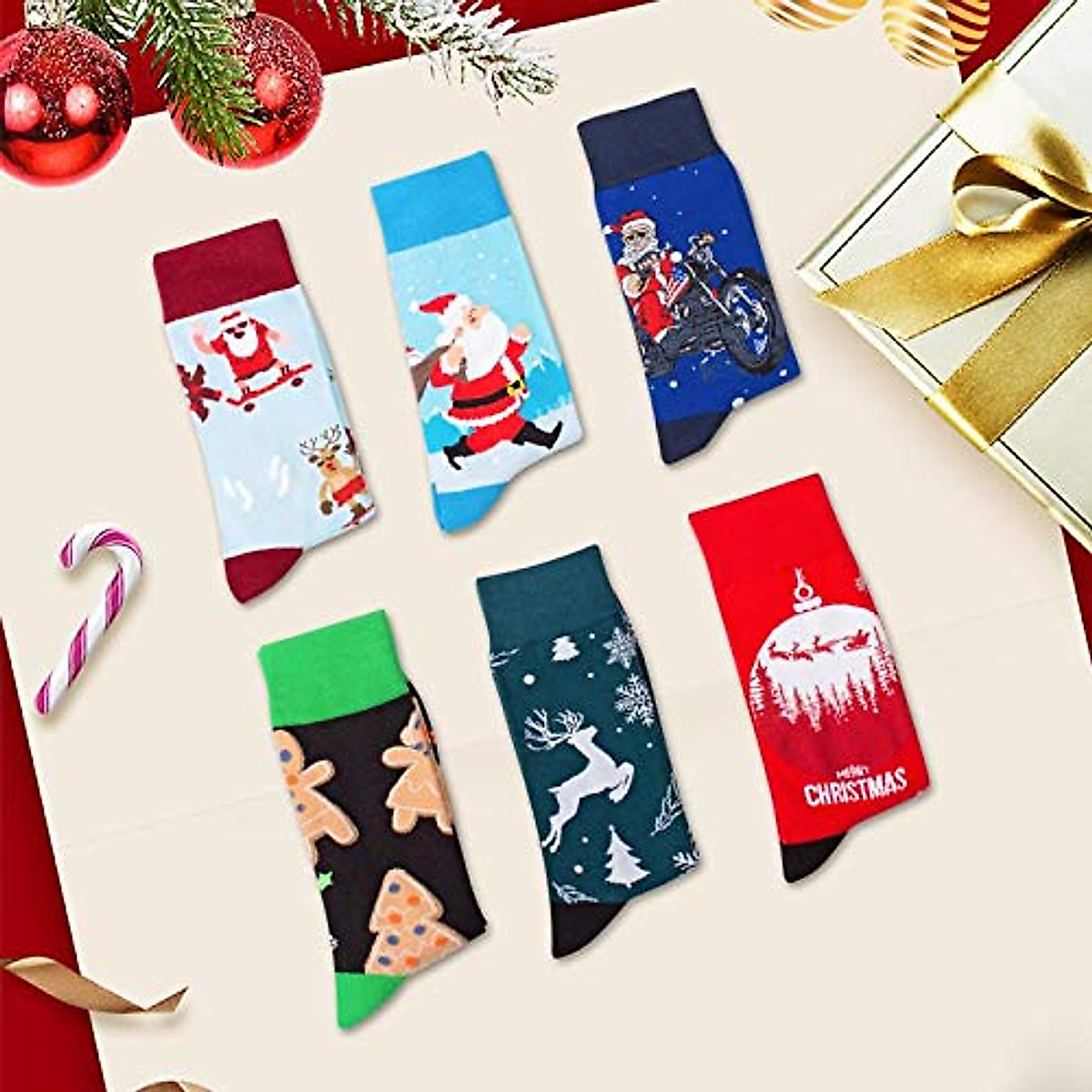 BONANGEL Christmas Socks for Men Women,Fun Cute Socks with Santas Reindeer Gingerbread Candy Pattern,Xmas Novelty Socks