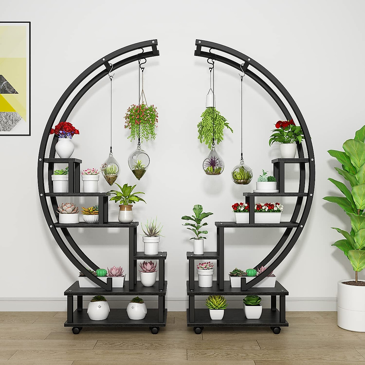 2 Pcs 6 Tier Tall Metal Indoor Plant Stand with Detachable Wheels, Half-Moon-Shaped Plant Shelf Holder for Outdoor Clearance, Multi-Purpose Plant Stands for Home Decor, Balcony, Patio, Garden