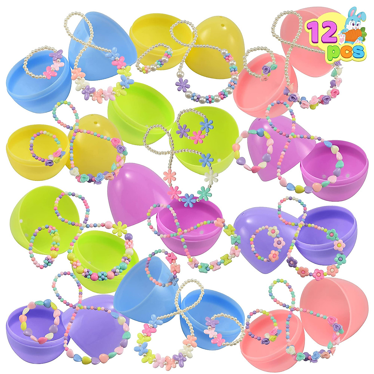 JOYIN 12 Pack Prefilled Easter Eggs with 12 Different Designs of Necklaces and 12 Bracelets Girls Jewelry Set for Girls Easter Party Favor Easter Basket Stuffer Classroom Exchange and Prize Supplies