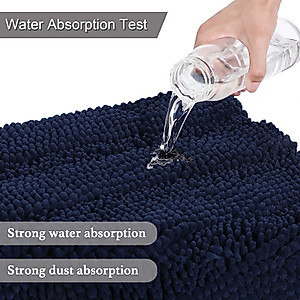 Flamingo P Bath Rugs Ultra Thick and Soft Texture Bath Mat Chenille Plush Striped Floor Mats Hand Tufted Bath Rug with Non-Slip Backing Door Mat for Kitchen/Entryway (Navy - 47" x 17")