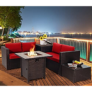 Tangkula 5-Piece Patio Furniture Set with 30 Inches Gas Fire Pit Table, Outdoor Wicker Conversation Sectional Sofa Set with Storage Box and Coffee Table, 50,000 BTU Propane Fire Pit Table (Red)