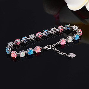 CiNily Created White Blue Pink Fire Opal Rhodium Plated for Women Jewelry Gemstone Bracelet 7"-8 1/2"