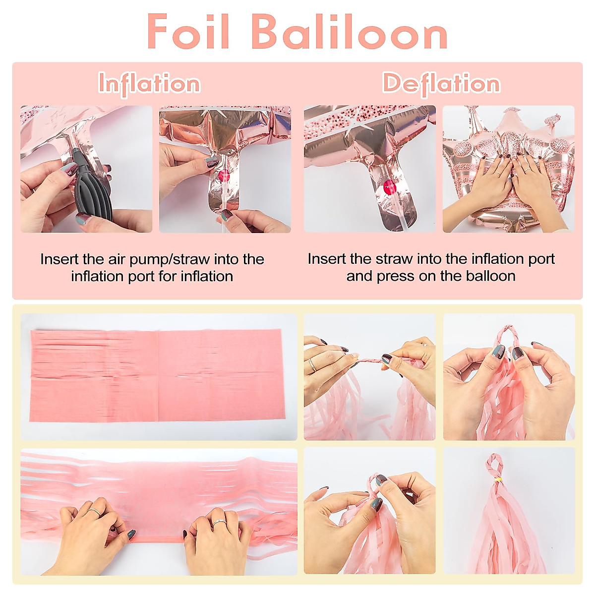 Amandir Rose Gold Birthday Party Decorations for Women Girls, Rose Gold Pink Confetti Foil Balloons, Butterfly, Fringe Curtain, Happy Birthday Banner, Cake Topper for30th 40th 50th 60th Supplies Decor